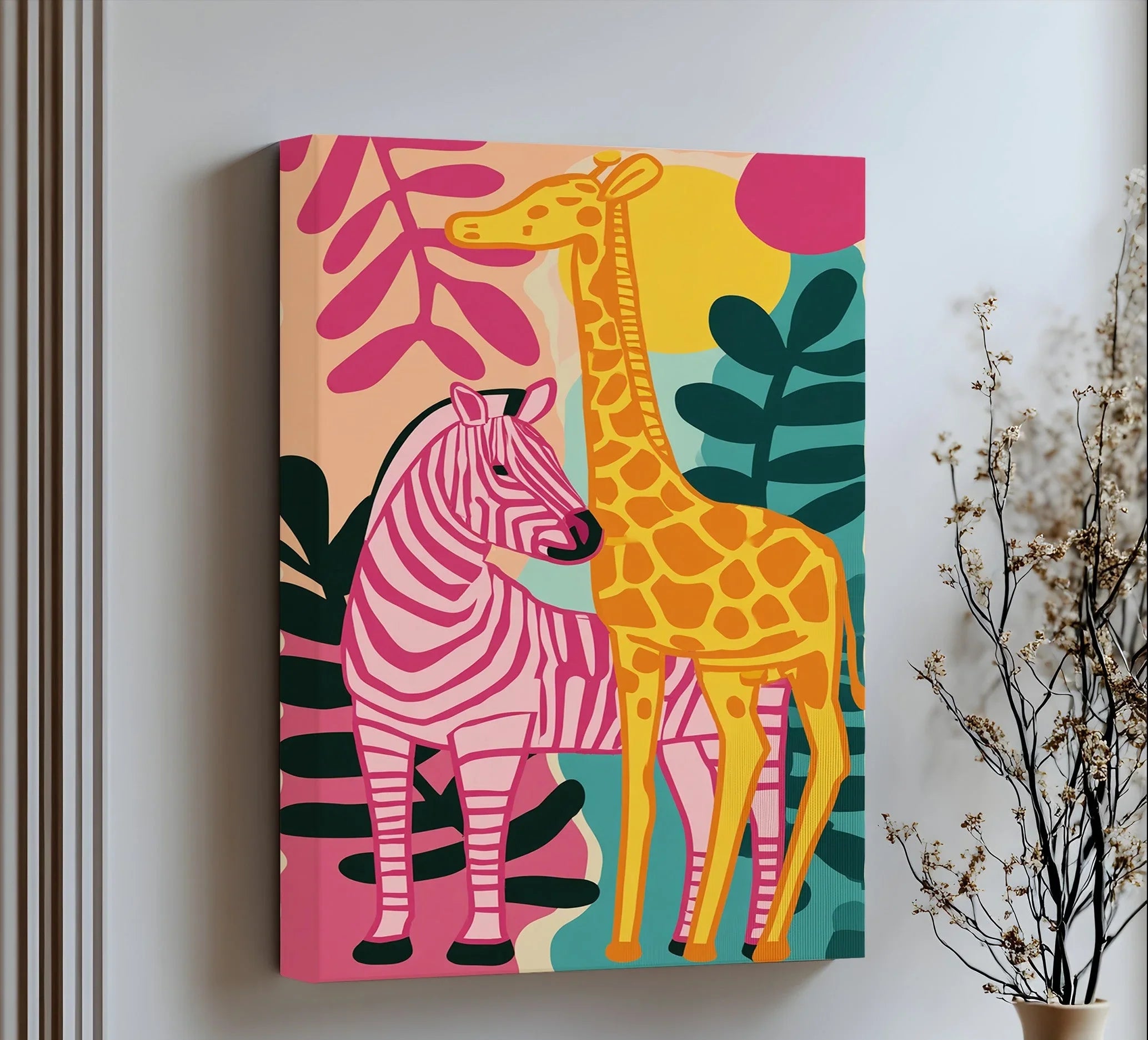 Zebra and Giraffe in Jungle Colors – Bold Safari-Inspired Canvas Print ...