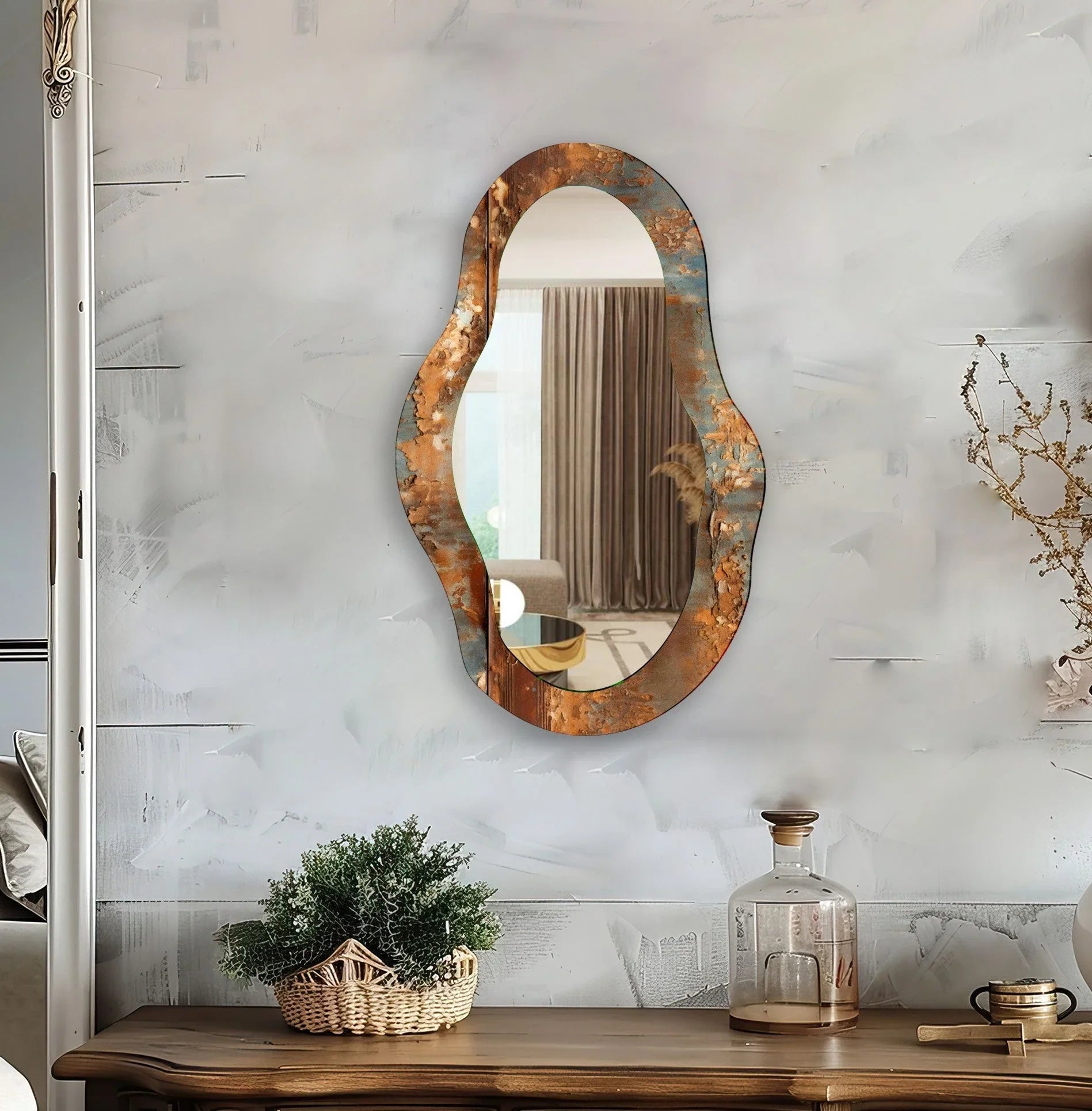 Copper Marble Asymmetrical Wall Mirror – Modern Sculptural Accent
