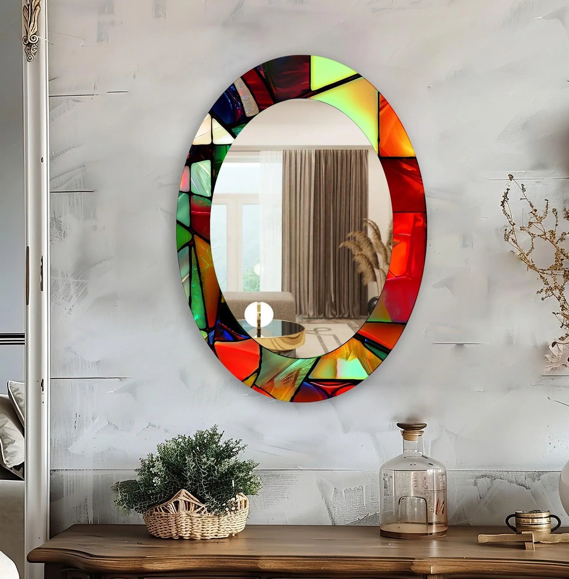 Red Stained Bedroom Wall Mirror - Modern Wall Mirror