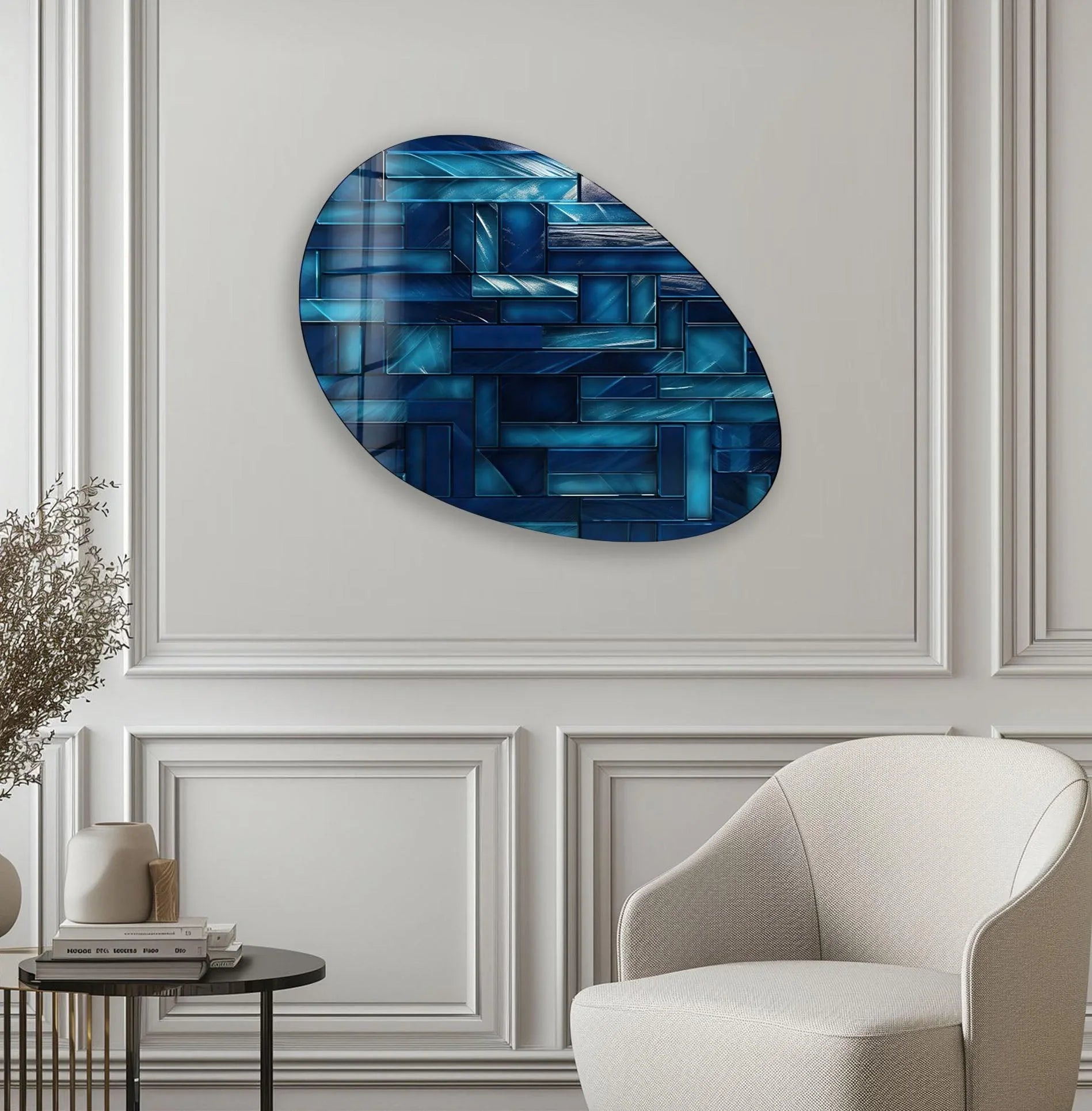 Navy Blue Mosaic Tiles Oval Glass Wall Art – Photo Print On Glass ...