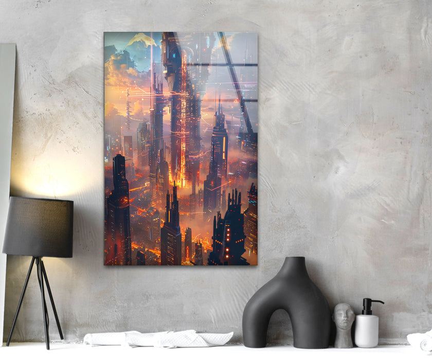MyPhotoStation: Sci-Fi Magic Skyline Glass Wall Art-Glass Wall Decor