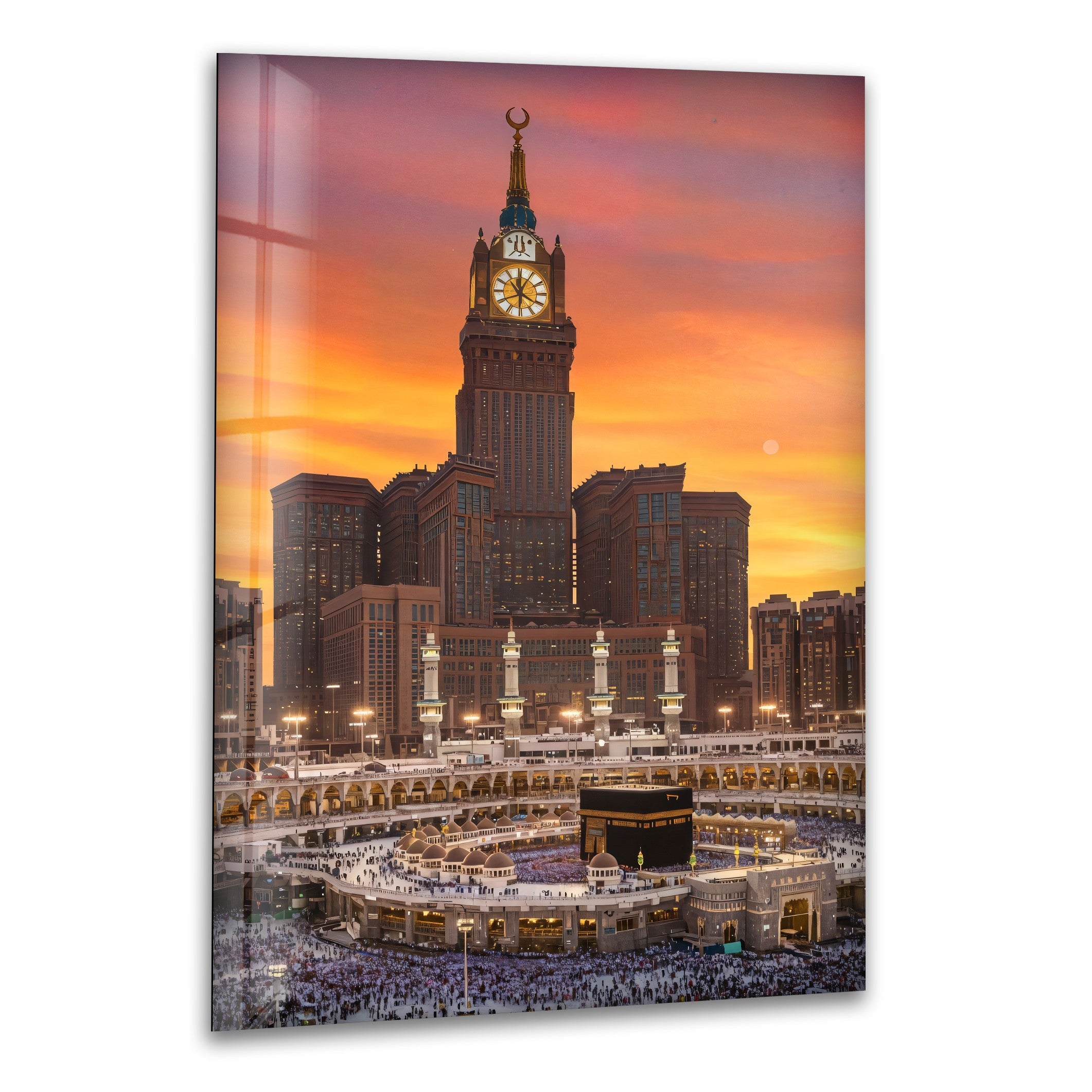 Kaaba & Makkah Clock Tower Glass Wall Art – Islamic Sunset Decor ...