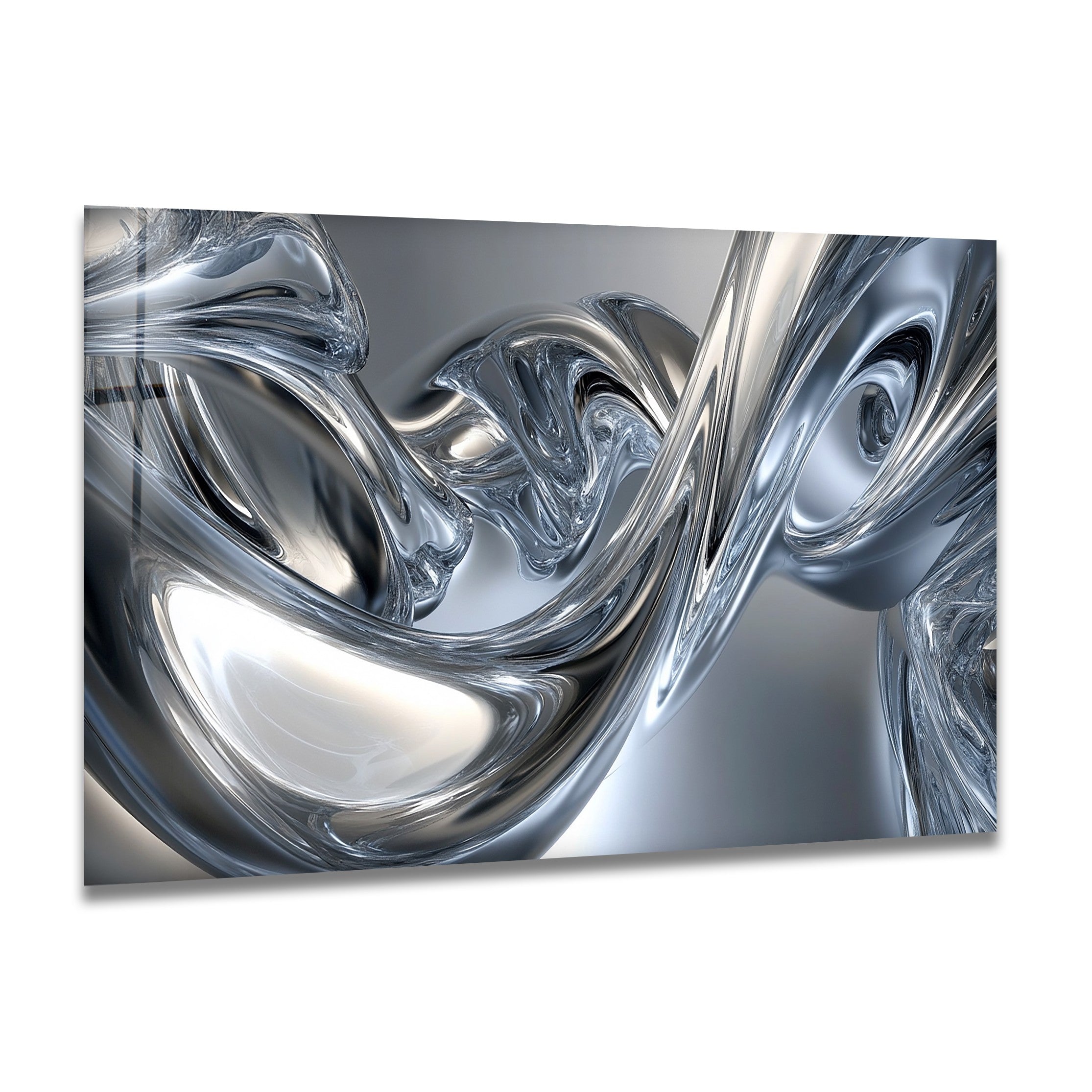 Modern Chrome Décor Art – Silver Glass Wall Print Liquid Metal Form ...
