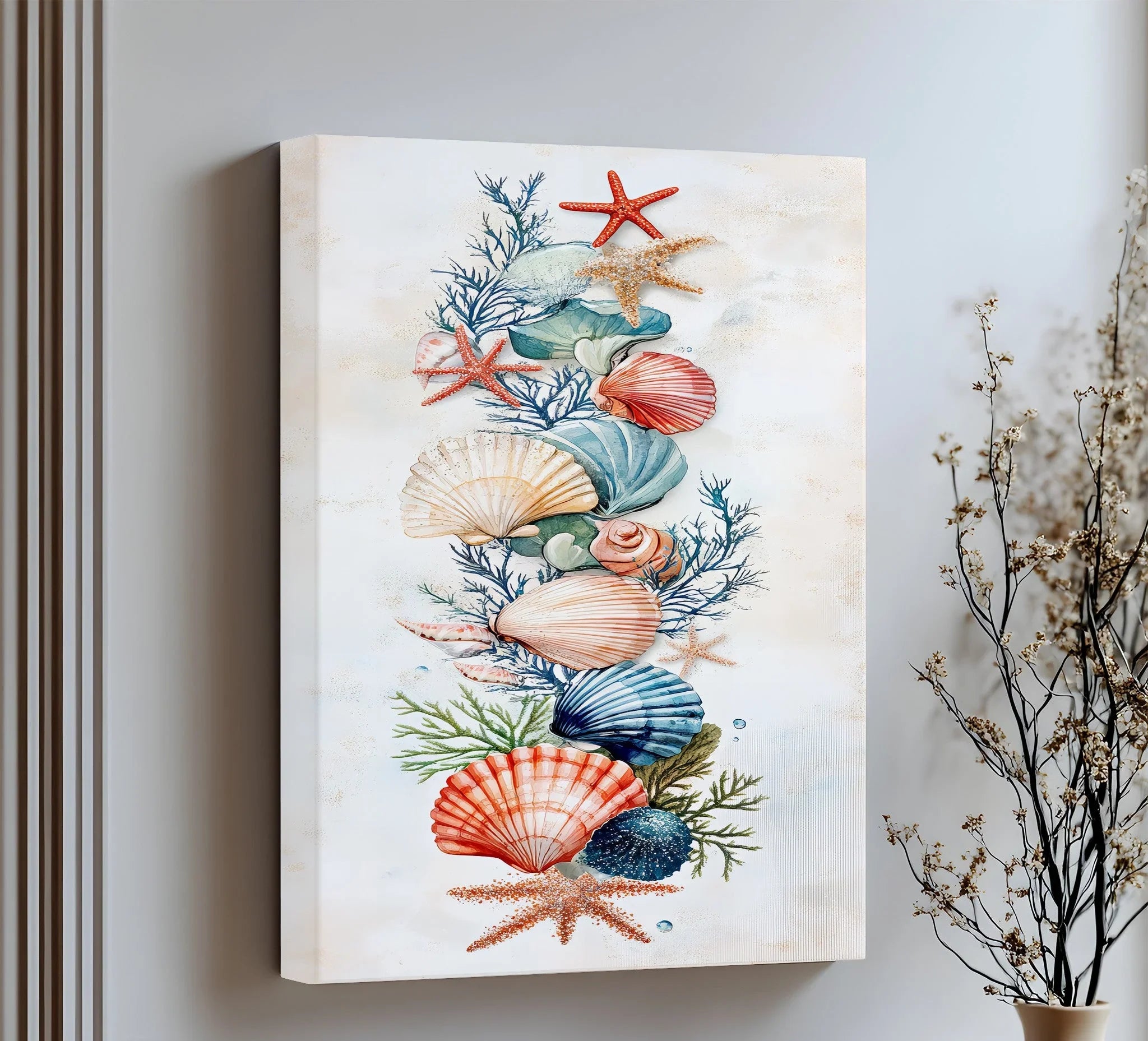 Tide Bloom – Vertical Shell & Coral Canvas Print – MyPhotoStation