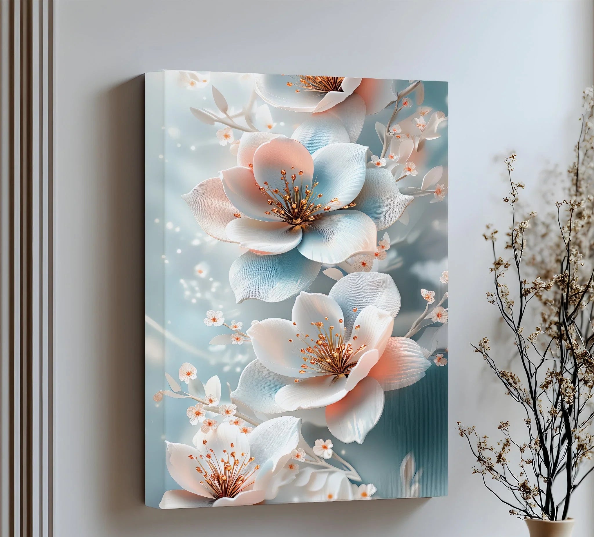 Soft Bloom Symphony – Blue and Blush Floral Canvas Print – MyPhotoStation