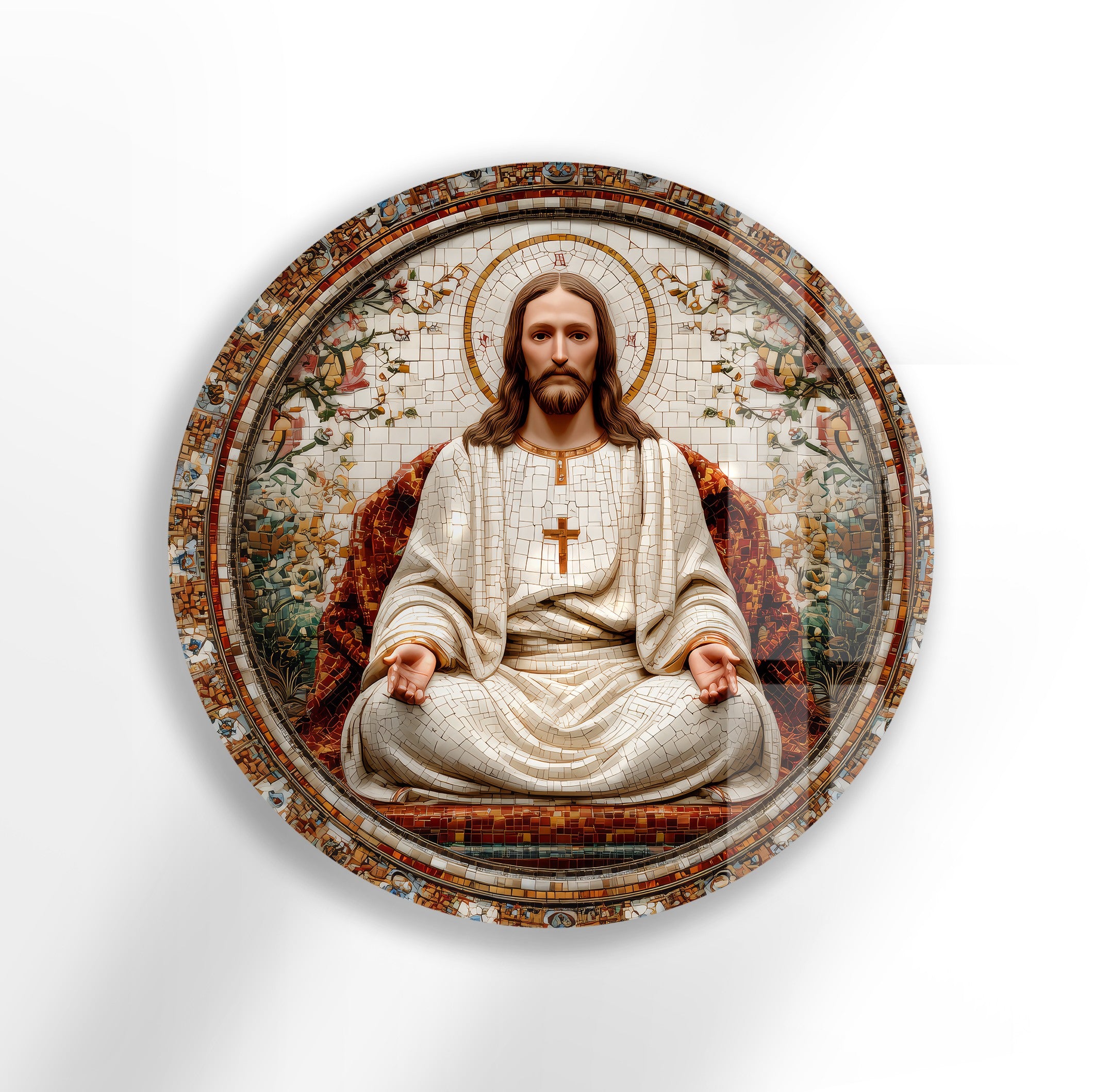 Christ the Redeemer in Ivory – Mosaic Round Glass Wall Art – MyPhotoStation
