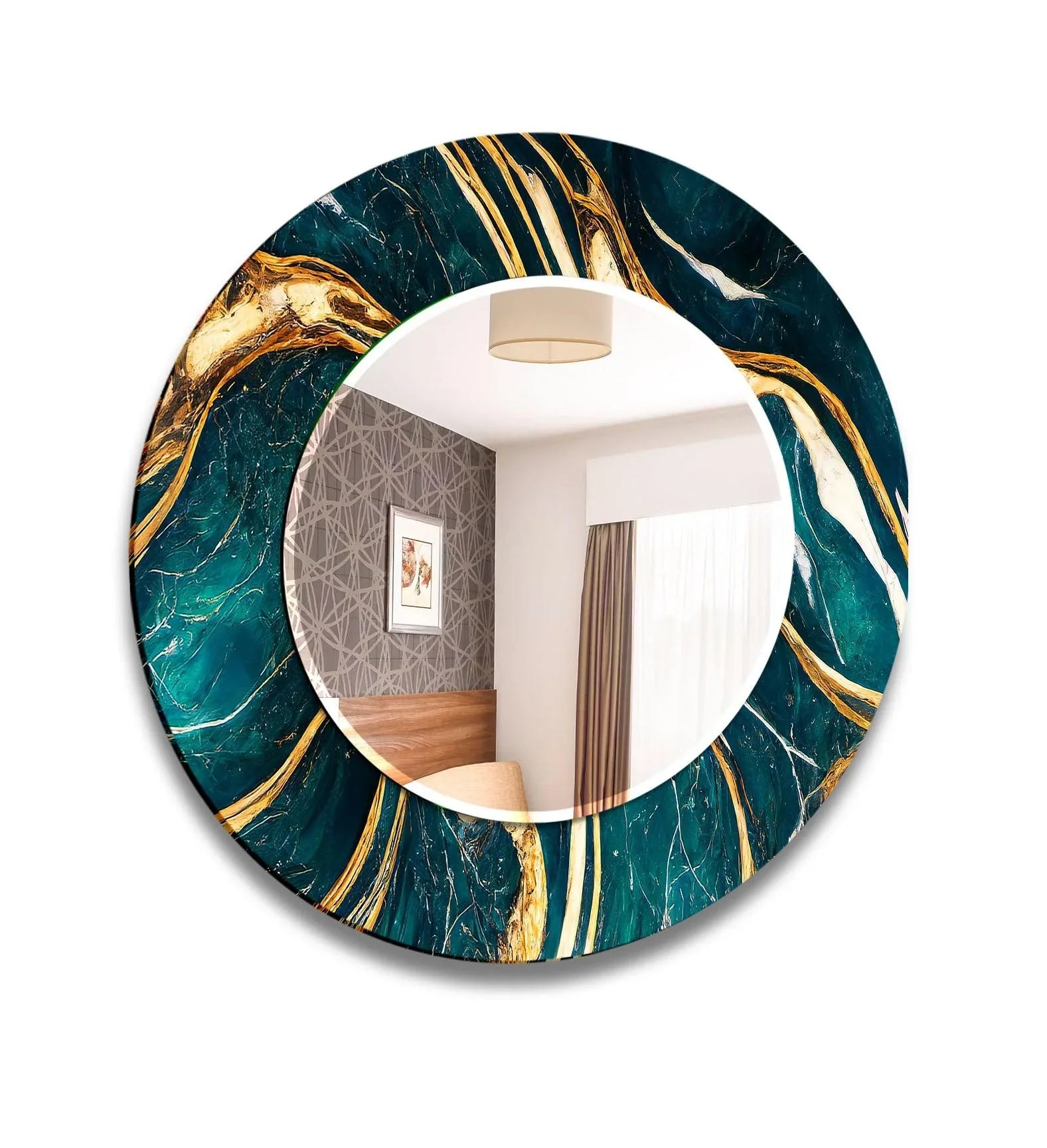 Dark Green & Gold Round Wall Mirror – Elegant Decorative Mirror