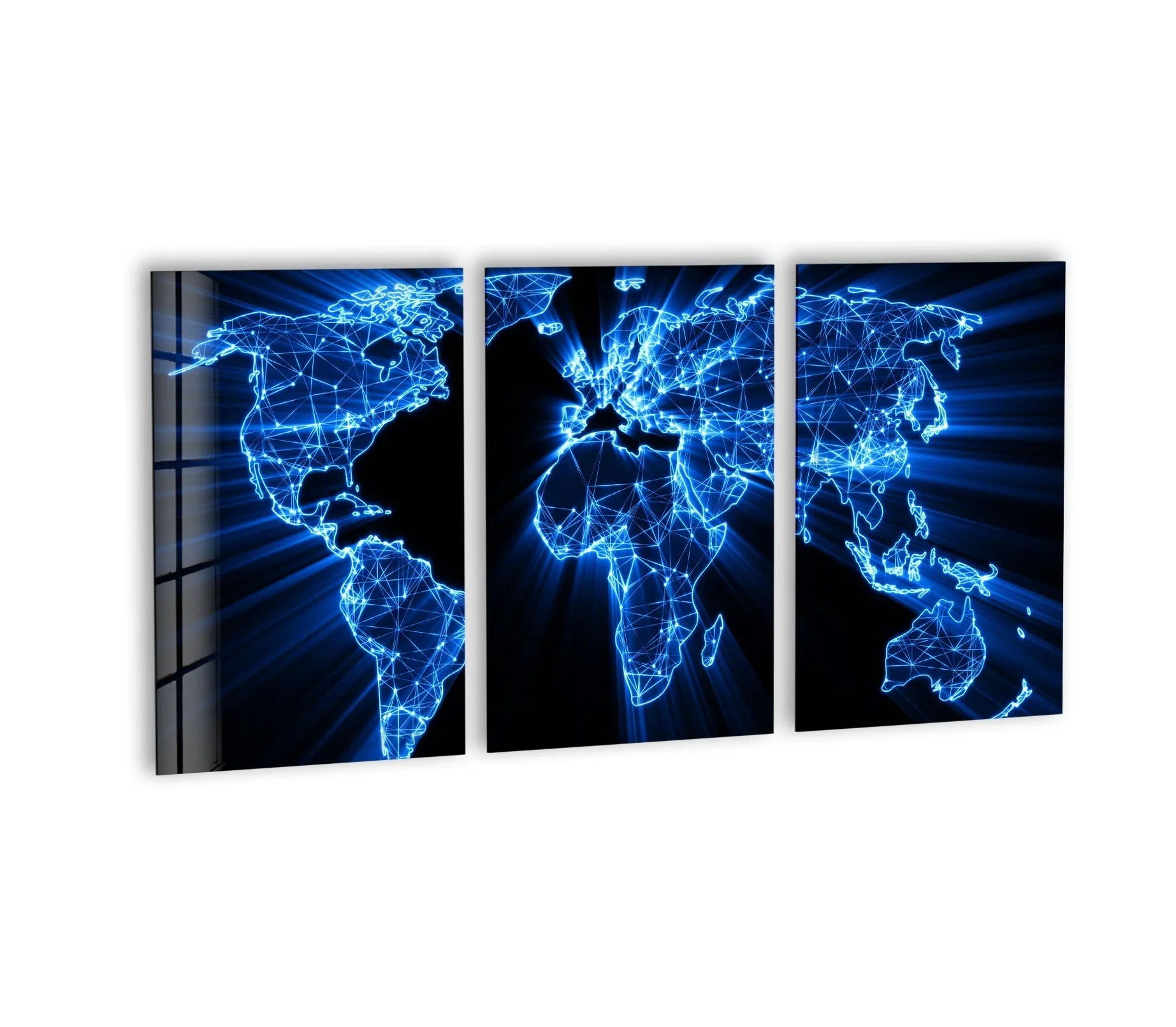 Glowing Blue World Map Glass Wall Art - Print Picture on Glass ...