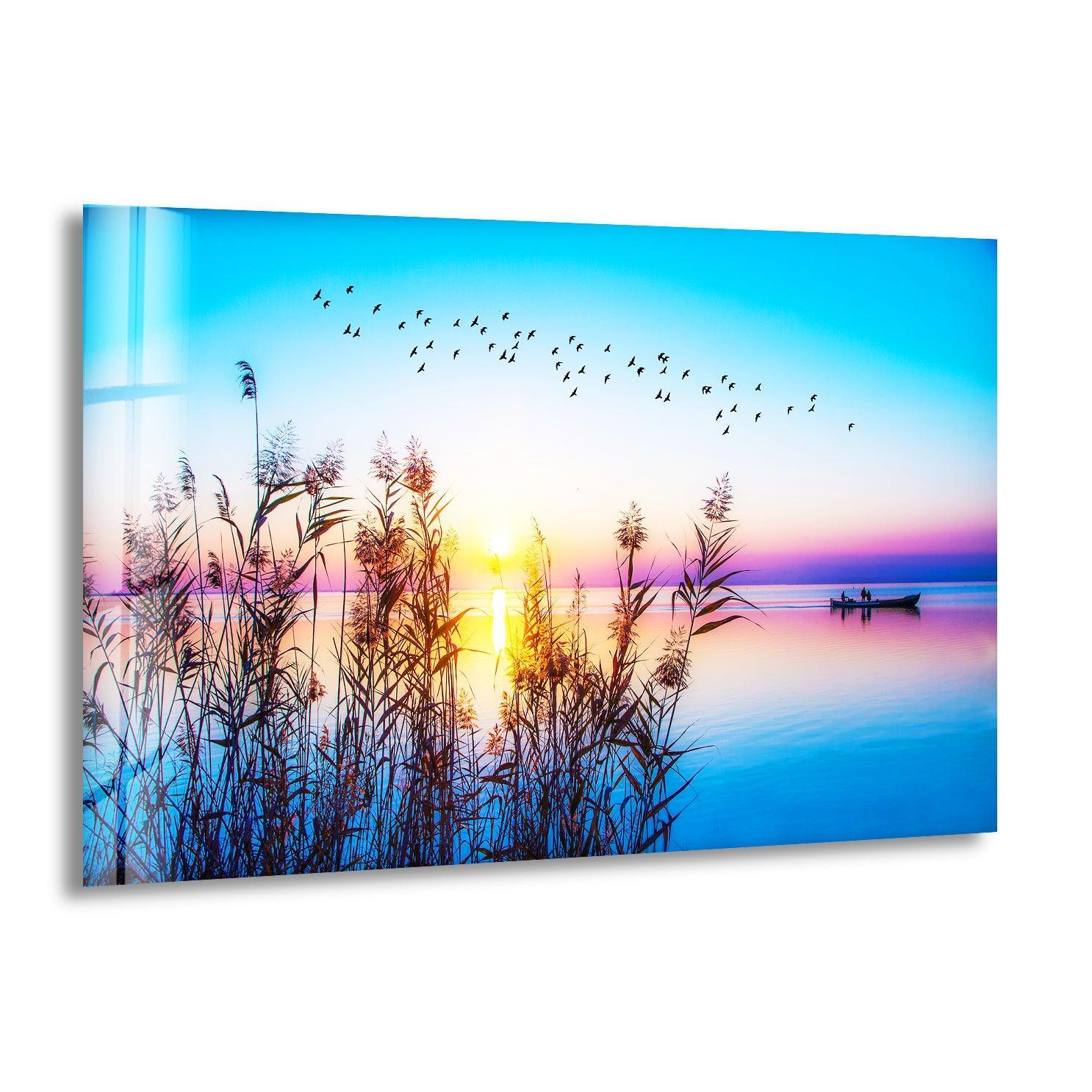 Colorful Sunset on Lake Wall Art – Serene Glass Decor for Living Room ...