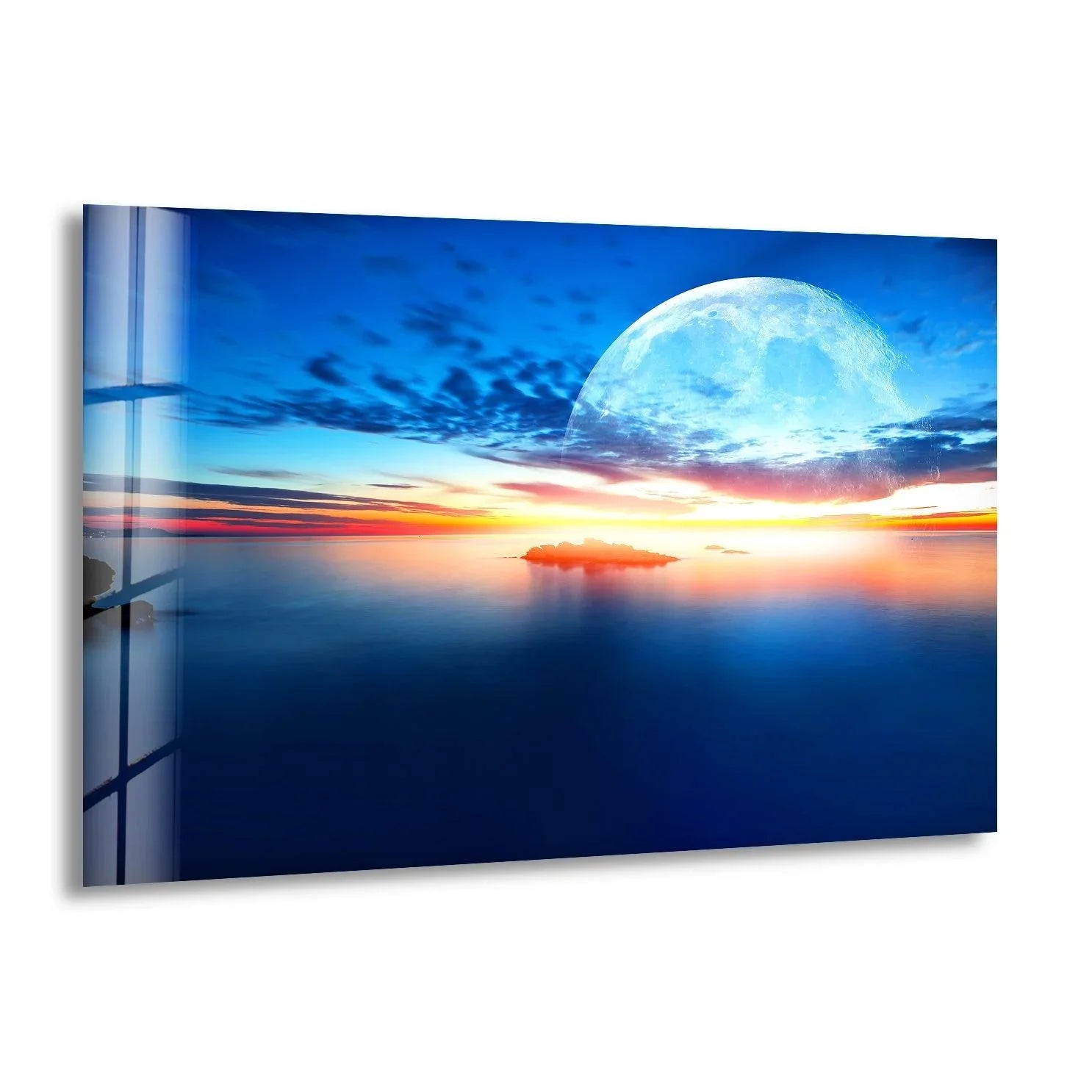Sunset at Sea With Moon Glass Wall Art-Print On Glass