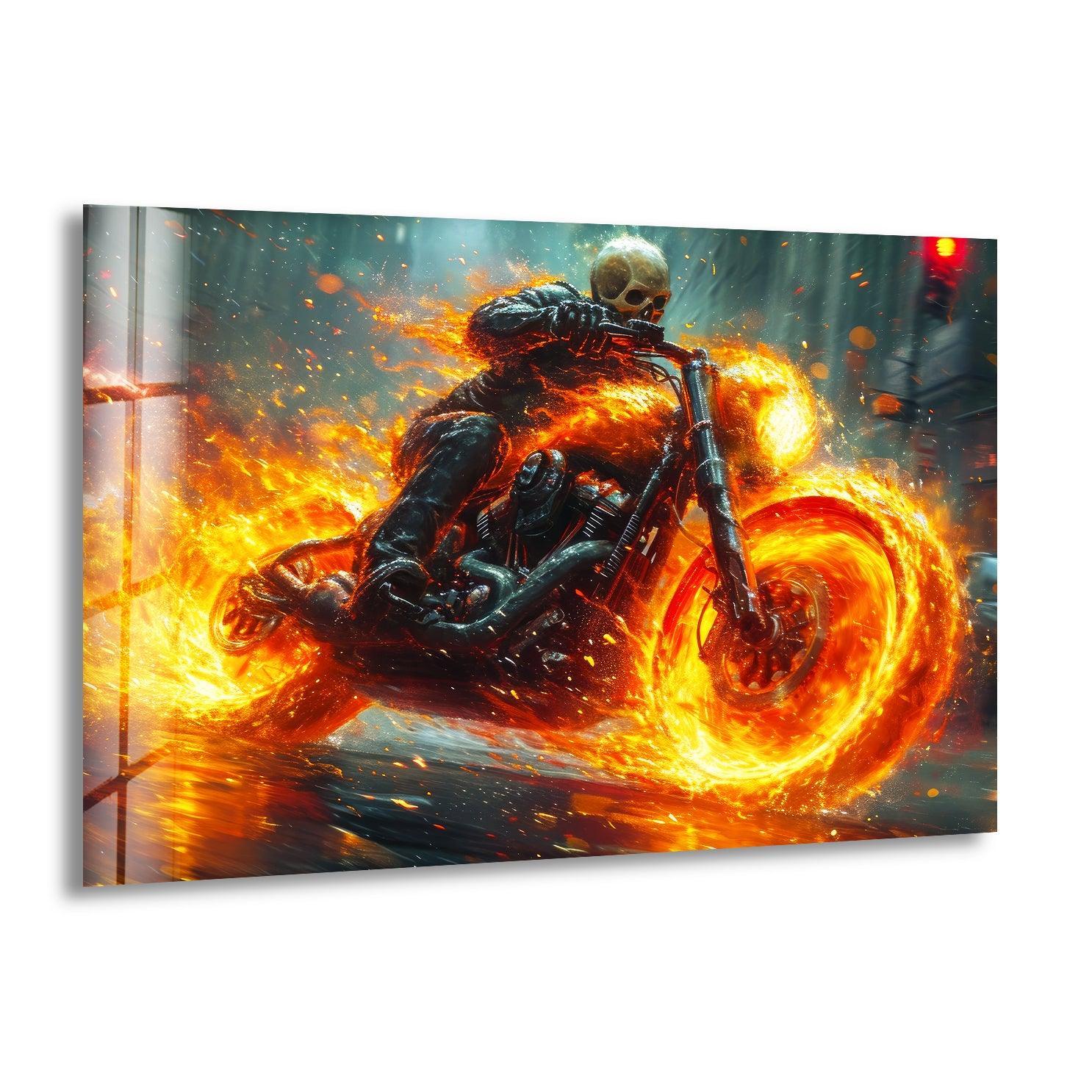 Epic Flaming Rider Glass Wall Art – Fiery Motorcycle Fantasy Print ...