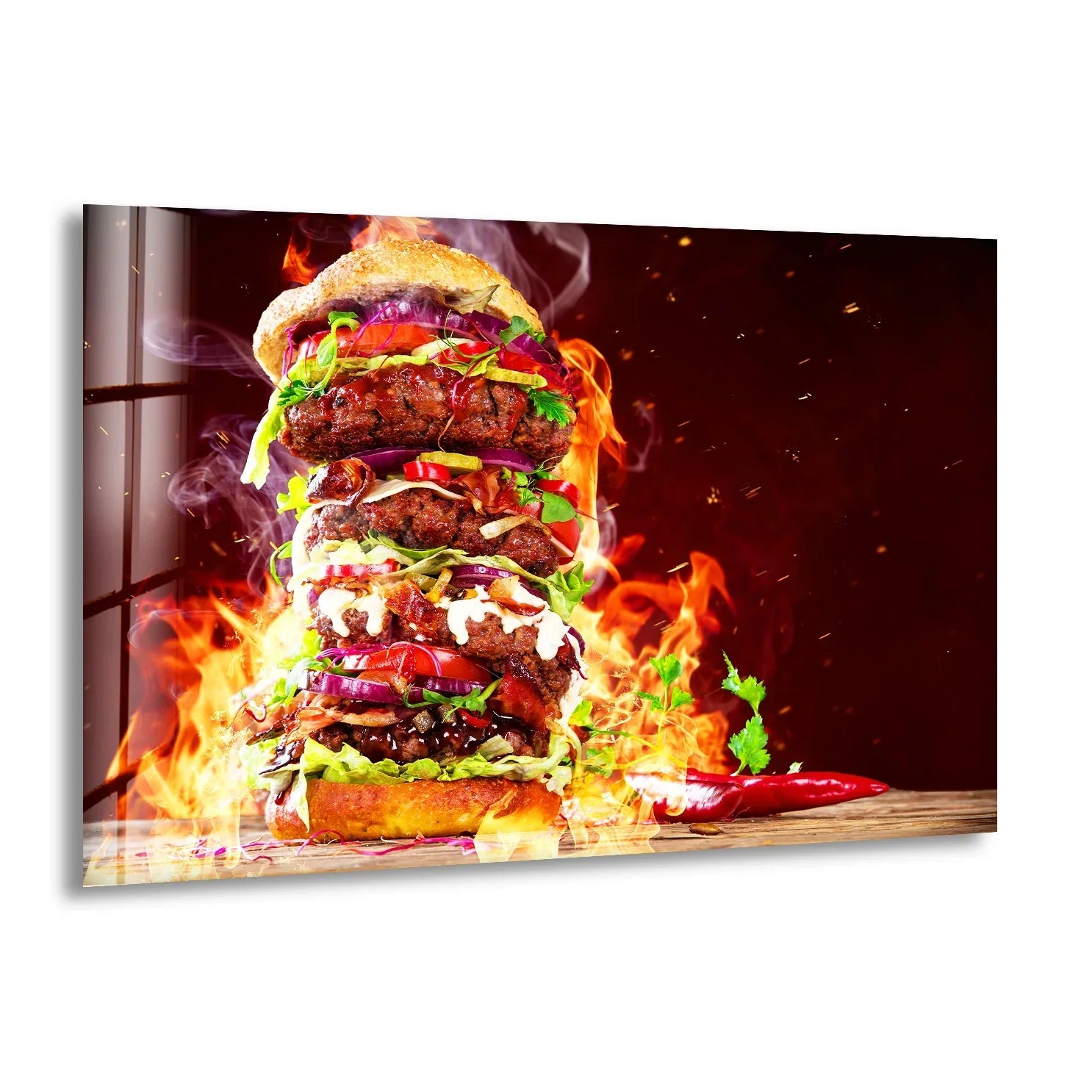 Burger Kitchen Wall Art – Fiery Feast Glass Decor – MyPhotoStation