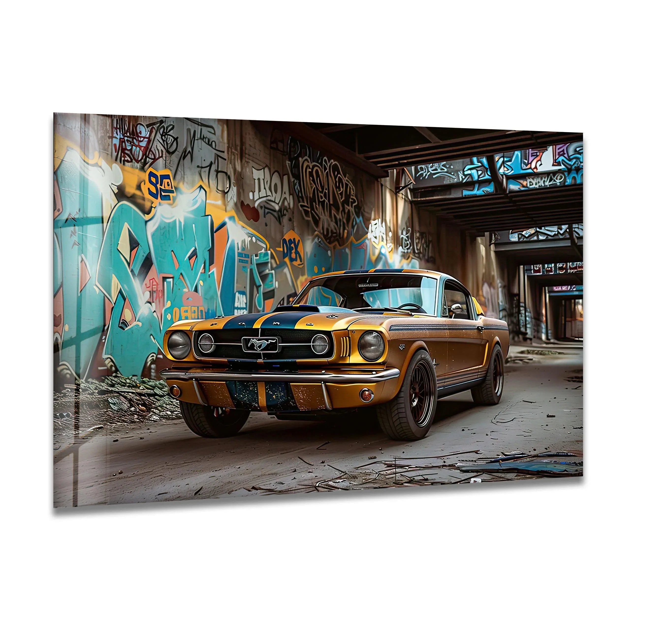 Old Ford Mustang Car Glass Wall Art – Classic Graffiti – MyPhotoStation