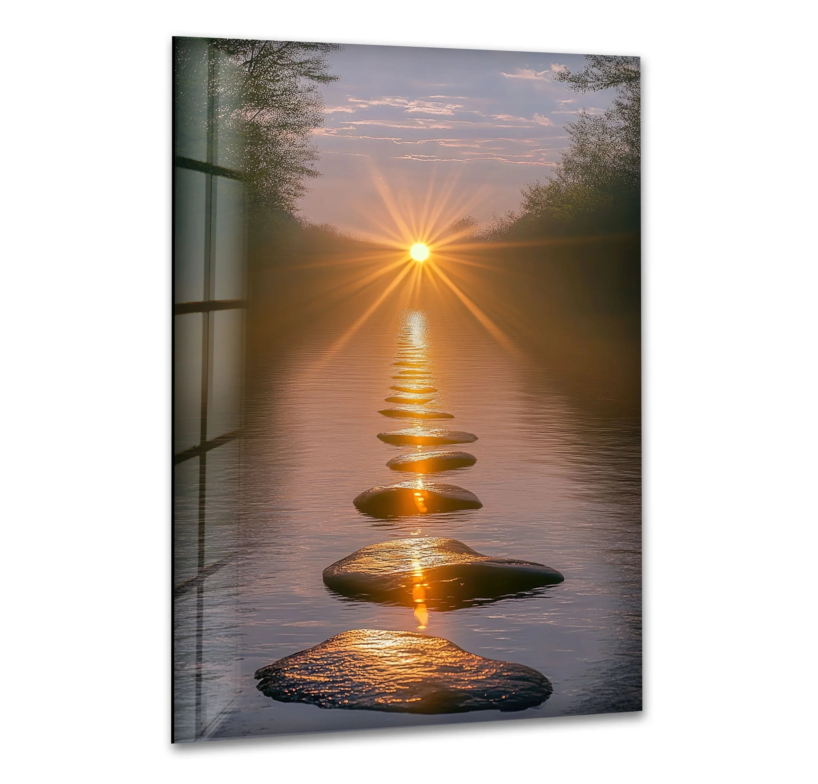 Golden Pathway Sunset Glass Wall Art | Serene Sunset Reflection ...