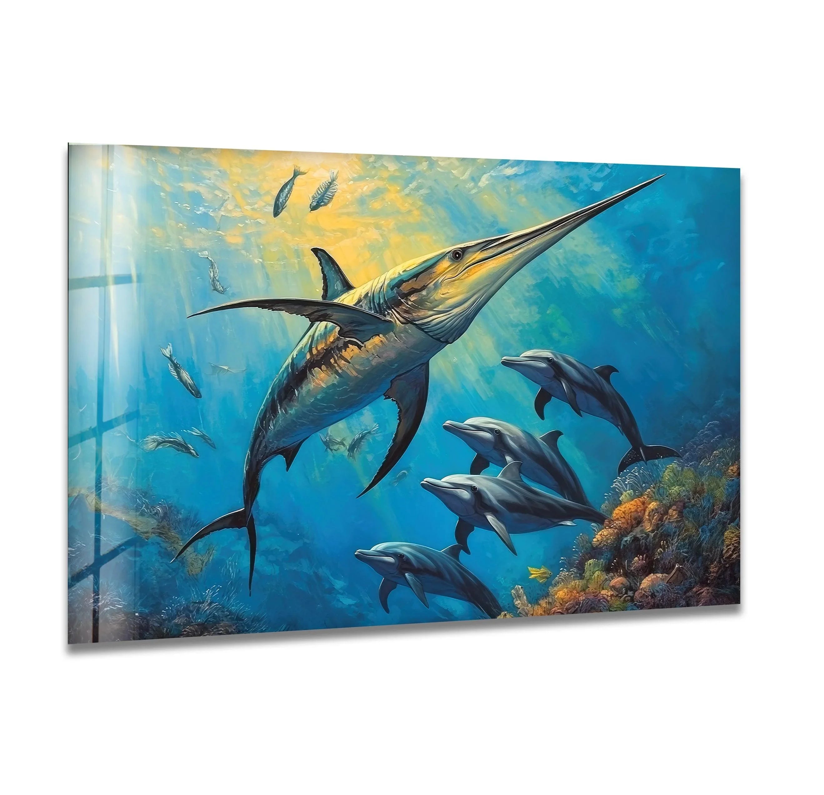 Swordfish and Dolphins Glass Wall Art – Marine Life Decor