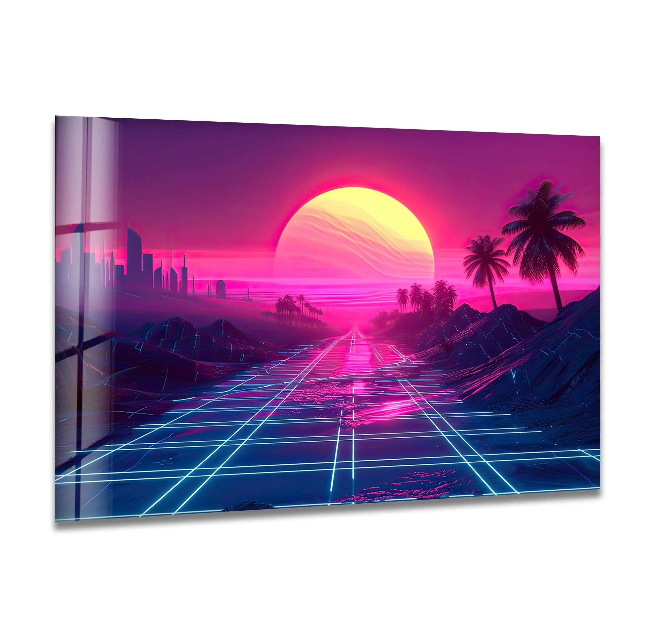 Neon Cyberpunk Sunset Glass Wall Art | Retro-Futuristic Synthwave Decor