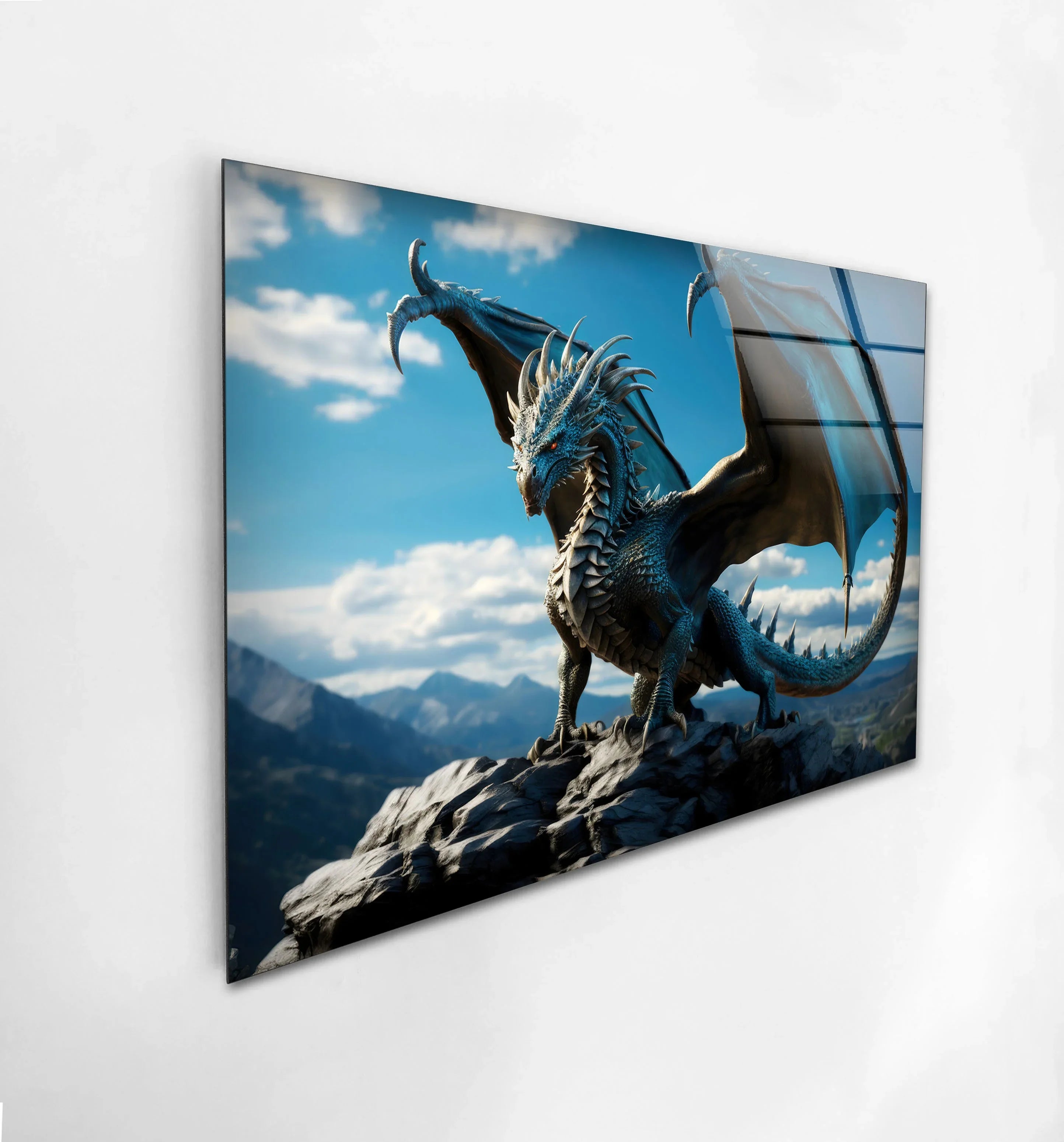 Majestic Blue Dragon Glass Wall Art - Powerful Creature on a Rocky Peak ...