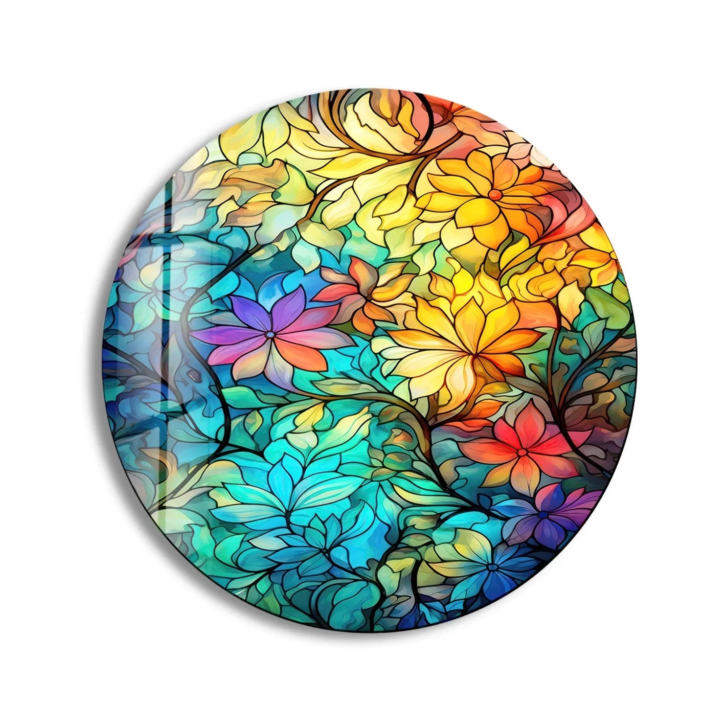 Colored Flowers Stained Round Glass Wall Art-Large Glass Prints ...